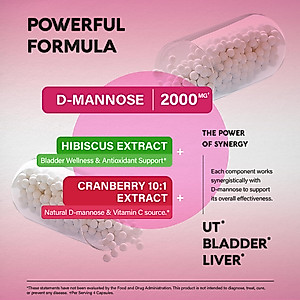 D-Mannose 2000mg with Cranberry 500mg & Hibiscus - Clinically Tested Strength for Urinary Tract Health - Supplement for Women - Bladder, Liver & Microflora Support - Made in USA - Vegan, 120 Capsules