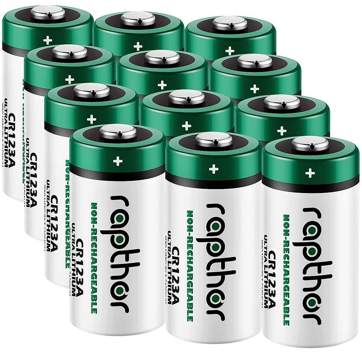 rapthor CR123A Lithium Batteries 3V 1650mAh, 12 Pack CR17345 High Power 123 Photo Battery CR123 PTC Protected for Cameras Flashlight Alarm Smart Sensors (Non-Rechargeable, Not for Arlo) (Pack of 12)