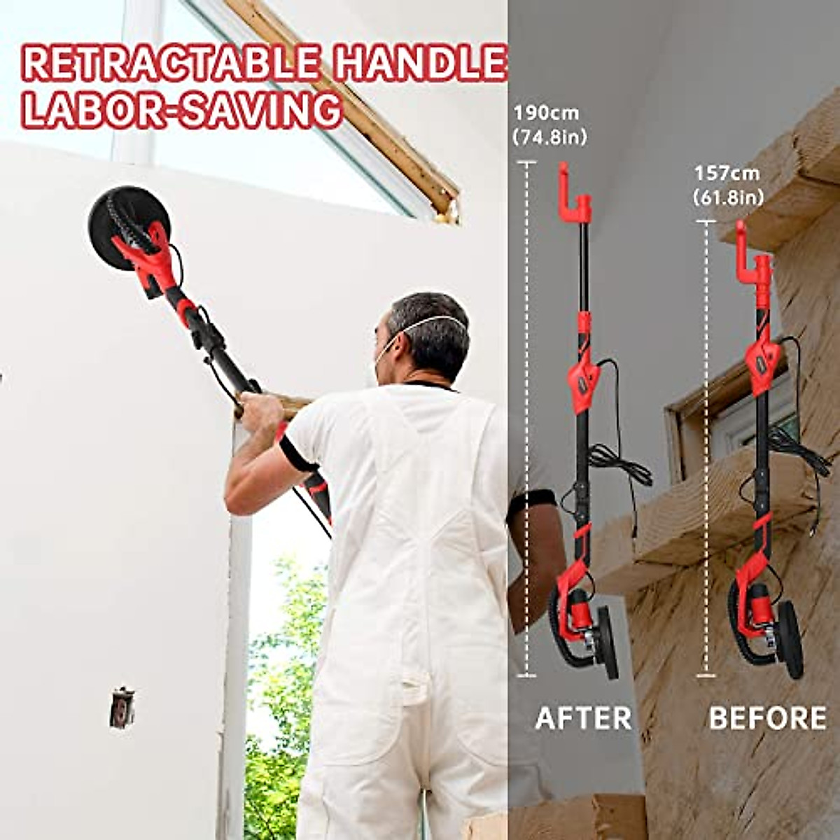 Towallmark Drywall Sander 710W, 2-in-1 Dual-Head Electric Drywall Sander, Variable Speed 1100-2100RPM with 13-Foot Dust Hose, Ceiling Sander with 12 Sand Pads and Dust bag