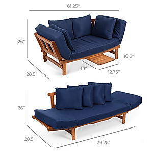 Best Choice Products Outdoor Convertible Acacia Wood Futon Sofa Furniture for Patio, Balcony, Poolside, Backyard w/Pullout Tray, Removable Weather-Resistant Cushion & 4 Pillows - Navy Blue