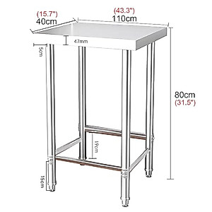 Single Tier Stainless Steel Work Table Commercial Multifunctional Preparation Table Kitchen Utility Open Storage Rack Metal Table Sturdy and Stable with Stainless Steel Adjustable Feet