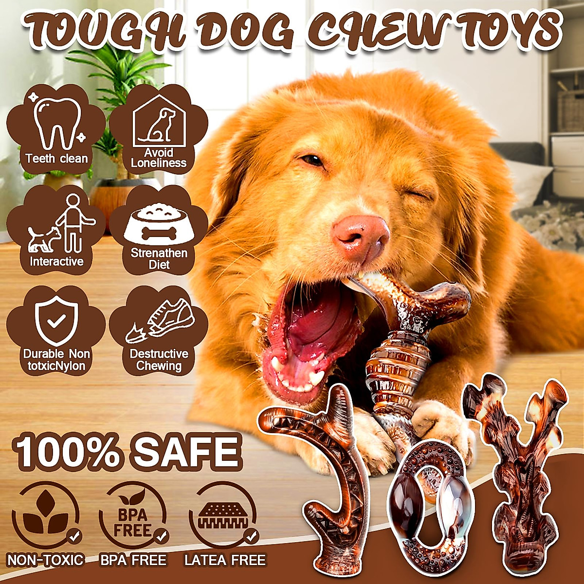 OSORD 4 Pack Dog Chew Toys for Aggressive Chewers - Tough Indestructible Dog Toys with Bacon Flavor- Durable Nylon Dog Bones Toy for Large Medium Breed - Dog Gifts