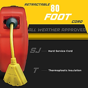 ReelWorks Retractable Extension Cord Reel Polypropylene 12AWG x 40' Foot Industrial Commercial Grade 3C SJT Cable Triple Tap Connector 15A 125VAC 1875W 60Hz Current Interrupter Best for Indoor Use