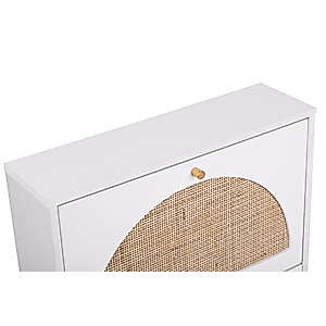 Natural Rattan Shoe Cabinet with 2 Flip Drawers, Entrance Hallway Slim Entryway Shoe Organizer, White Shoe Rack Storage Cabinet for Modern Heels, Boots, Slippers