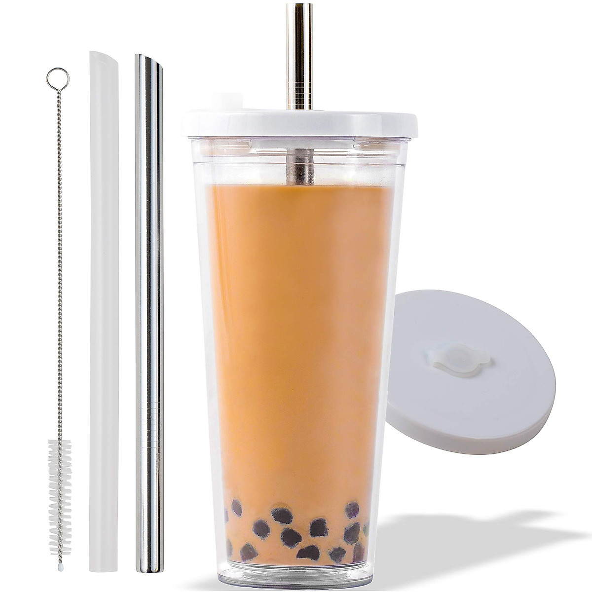Reusable Boba Cup for Large Size Bubble Tea (24 Oz), Angled Straws, Leak Proof Design, Double Wall Insulated Bubble Tea Cup