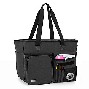 Trunab Teacher Tote Bag, Teacher Work Bag with Multiple Pocket and Padded Compartment for up to 15.6”Laptop, Zip Top Utility Carrying Bag for Working Women, Travel, Office, Business, Black