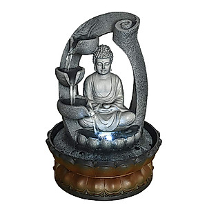 PeterIvan Buddha Fountain - 11in Buddha Tabletop Water Fountain for Home&Office Decoration, Decorative Sculpture with LED Light&Circular Water Flow for Good Luck Keeping (Grey, 11inch)
