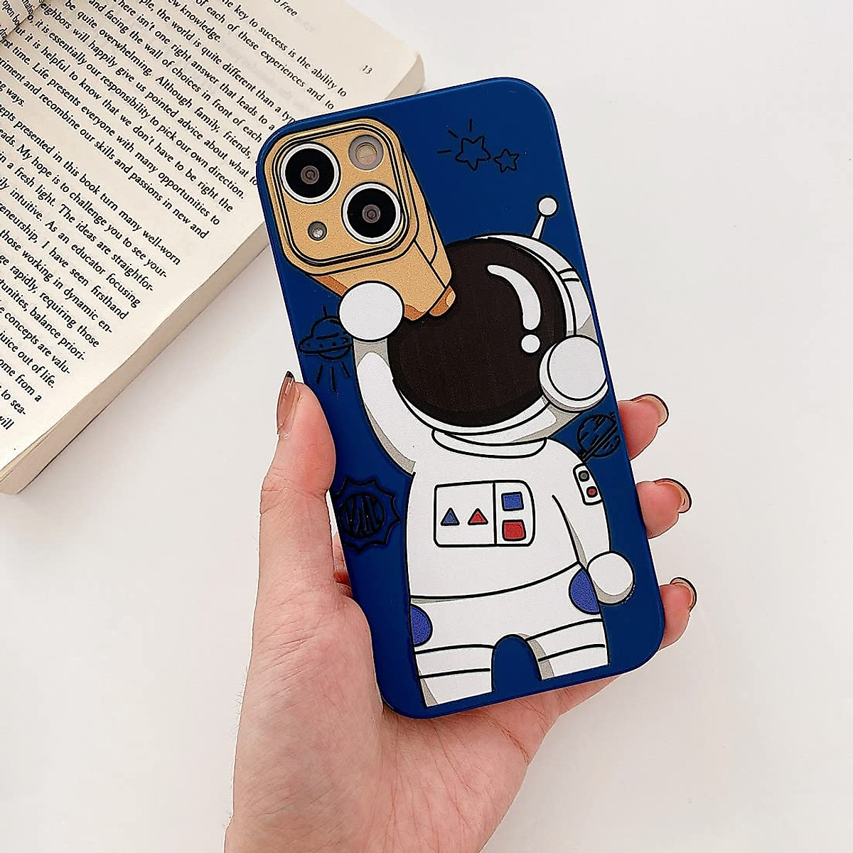 BeeTag Soft Silicone Case for iPhone 13 6.1 Inch with Wrist Lanyard Strap,Space Astronaut Design TPU Cartoon Graphics Bumper Shockproof Anti-Slip Protective Cover (LSJ),LANSJ