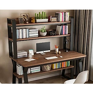 Leconte Computer Desk with Hutch, 47” Writing Study Table + Book and Storage Shelves, Space Saving Home Office Workstation, Brown