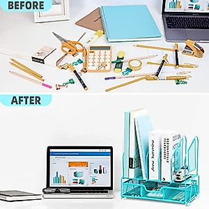 Beiz Blue Desk Organizer and Accessories Storage with 5 Vertical File Folder Holders, Paper Tray, Drawer for Women Office, Home, Dorm, Workspace to Collect Office Supplies