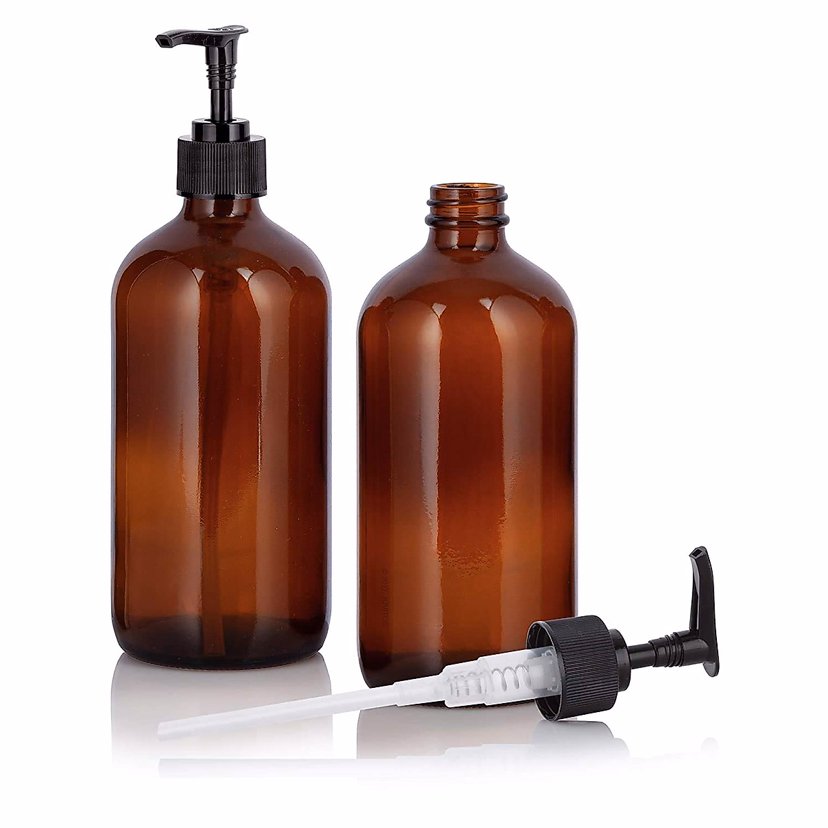 8 oz Amber Boston Round Thick Glass Bottle with Black Lotion Pump (2 Pack) + Label