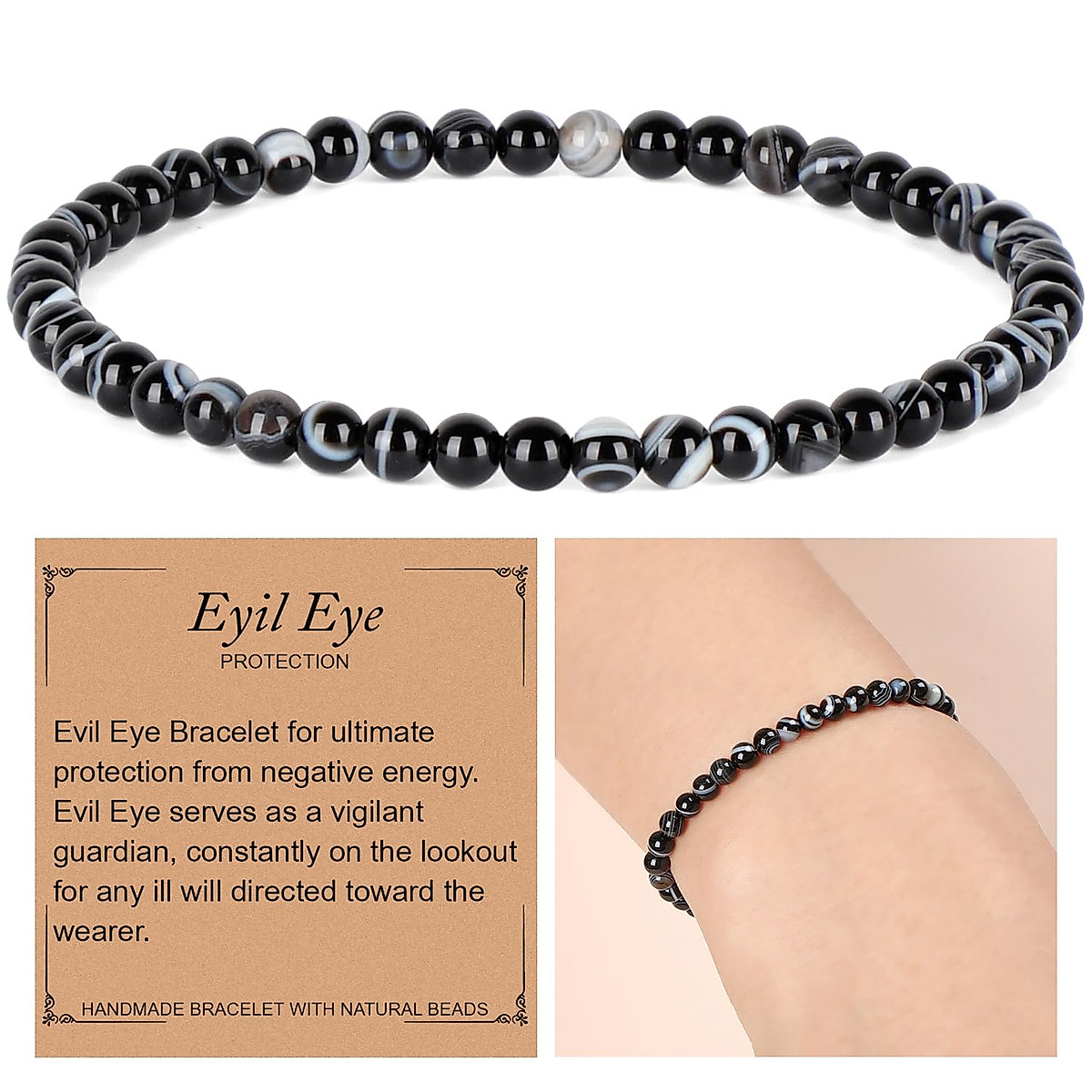 QOGIR Evil Eye Agate Bracelet - Ultimate Protection Bracelet for Women Men - Handmade Natural Gem Stone Beaded Stretch Elastic Healing Bracelets 4mm