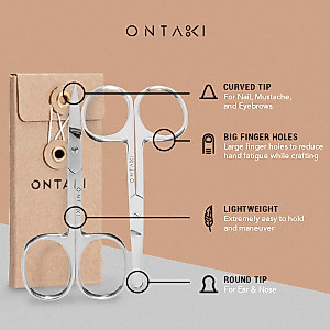 ONTAKI Curved and Rounded Facial Hair Scissors for Men - Mustache, Nose Hair & Beard Trimming Scissors, Safety Use for Eyebrows, Eyelashes, and Ear Hair - Professional Stainless Steel (Silver)