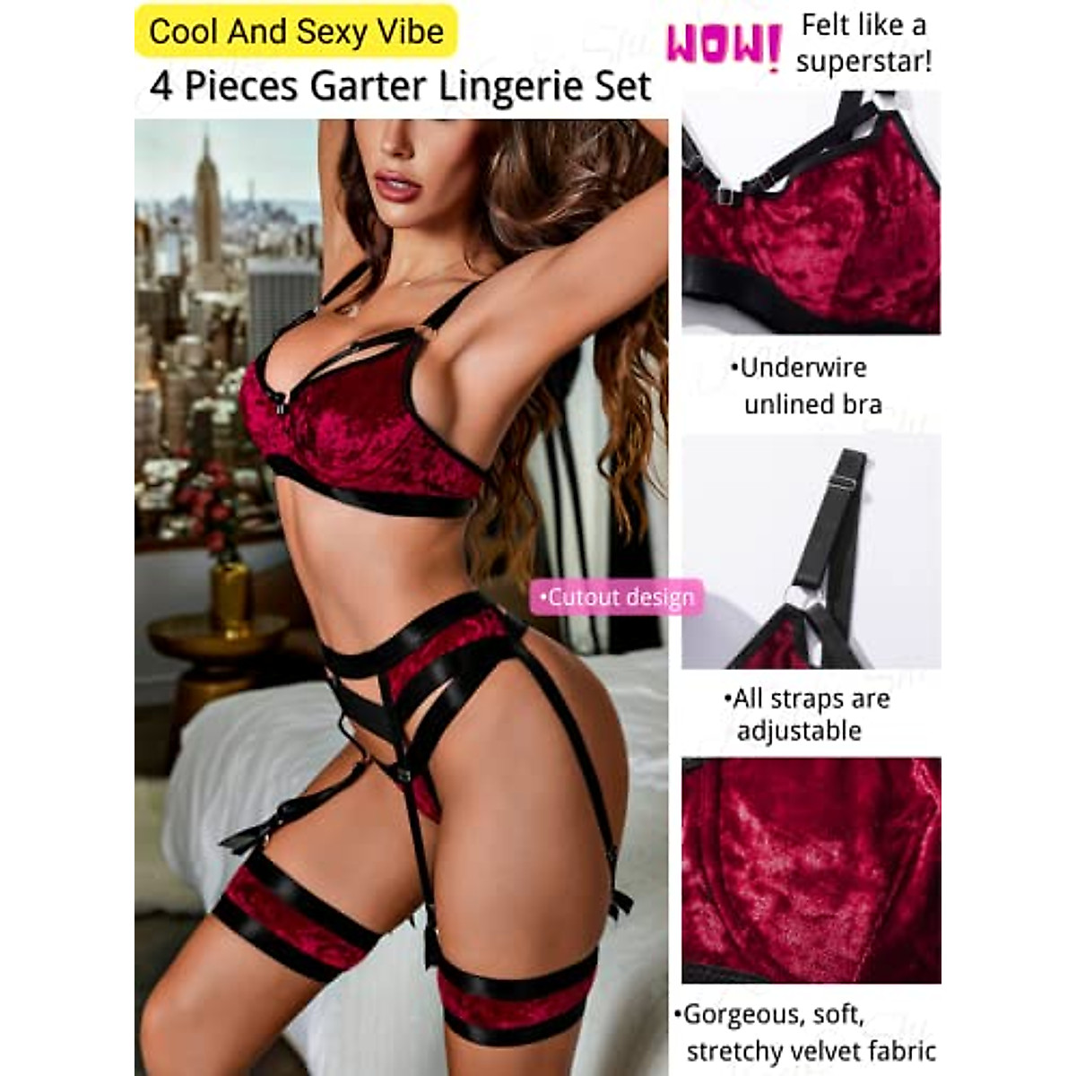 Kaei&Shi Garter Belt Thong Lingerie for Women,Strappy Hollow Out Sexy Lingerie,Underwire Mesh Sheer Matching 4 Piece Lingerie Set Valentine Day Red Velvet Medium