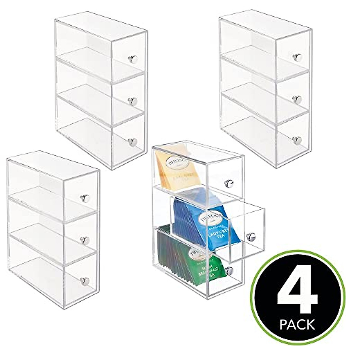 mDesign Plastic Kitchen Pantry Stackable Storage Organizer Container Station with 3 Drawers for Cabinet, Countertop, Holds Coffee, Tea, Sugar Packets, Creamers - Lumiere Collection - 4 Pack - Clear