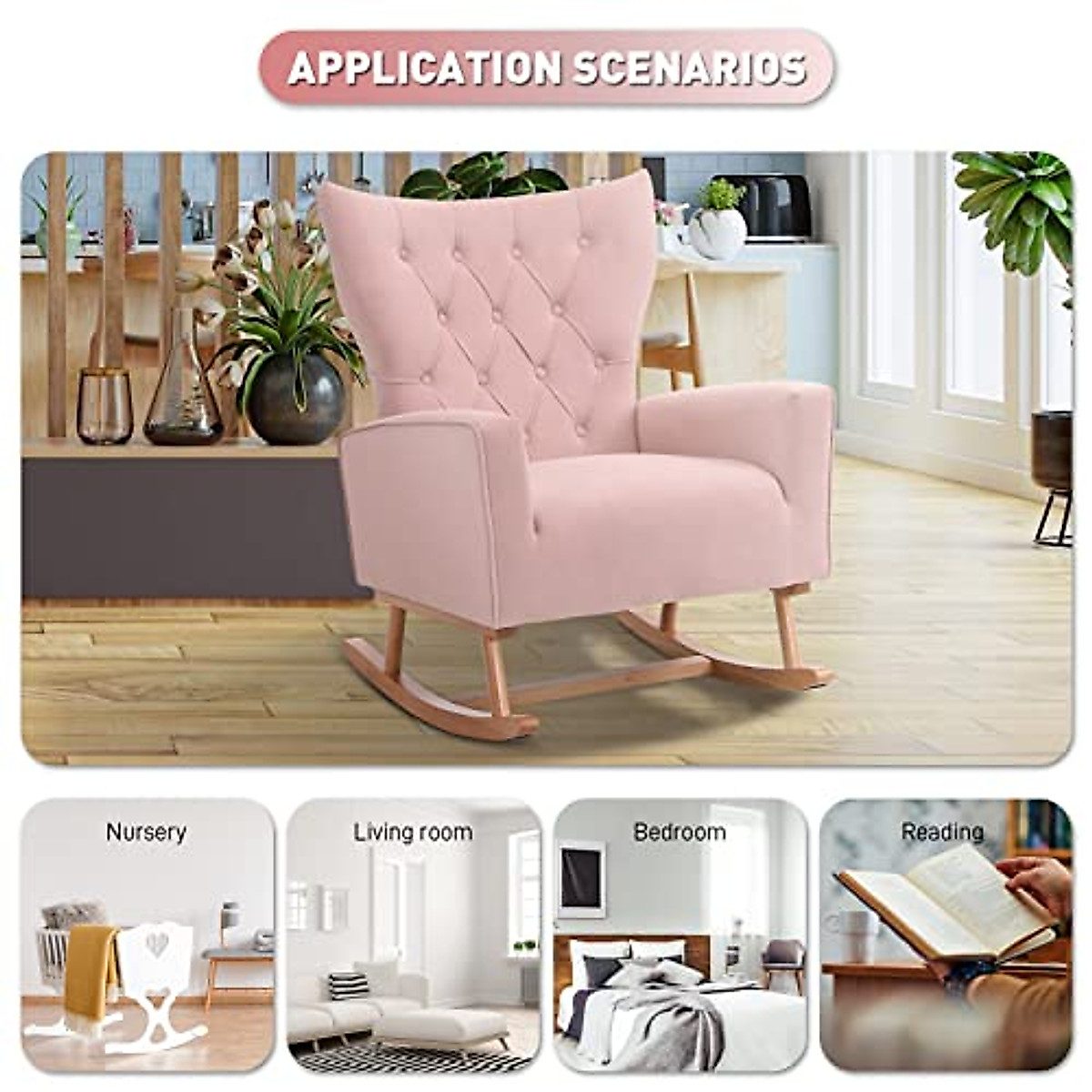 Rophefx Velvet Nursery Rocking Chairs, Glider Rocker for Baby Nursery with Solid Wood Base, Modern Accent Armchair with High Backrest, Pink