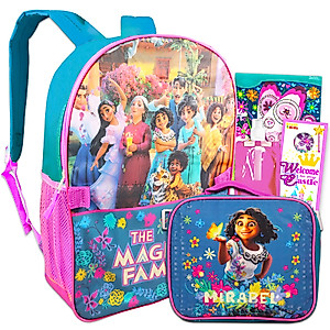 Encanto Backpack with Lunch Box Set- Bundle with 16" Encanto Backpack, Encanto Lunch Box, Water Bottle, Backpack Clip, Temporary Tattoos, More | Encanto Backpack for Girls