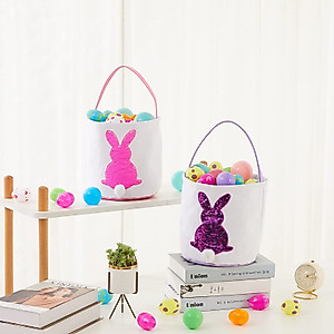 Zhuqing Easter Bunny Basket Bags, 2 Pack Bunny Bags with Fluffy Tail for Kids Boys Girls, Carrying Gift and Easter Eggs Hunt Bag, Printed Rabbit Canvas Toys Bucket Tote (Pink & Purple)