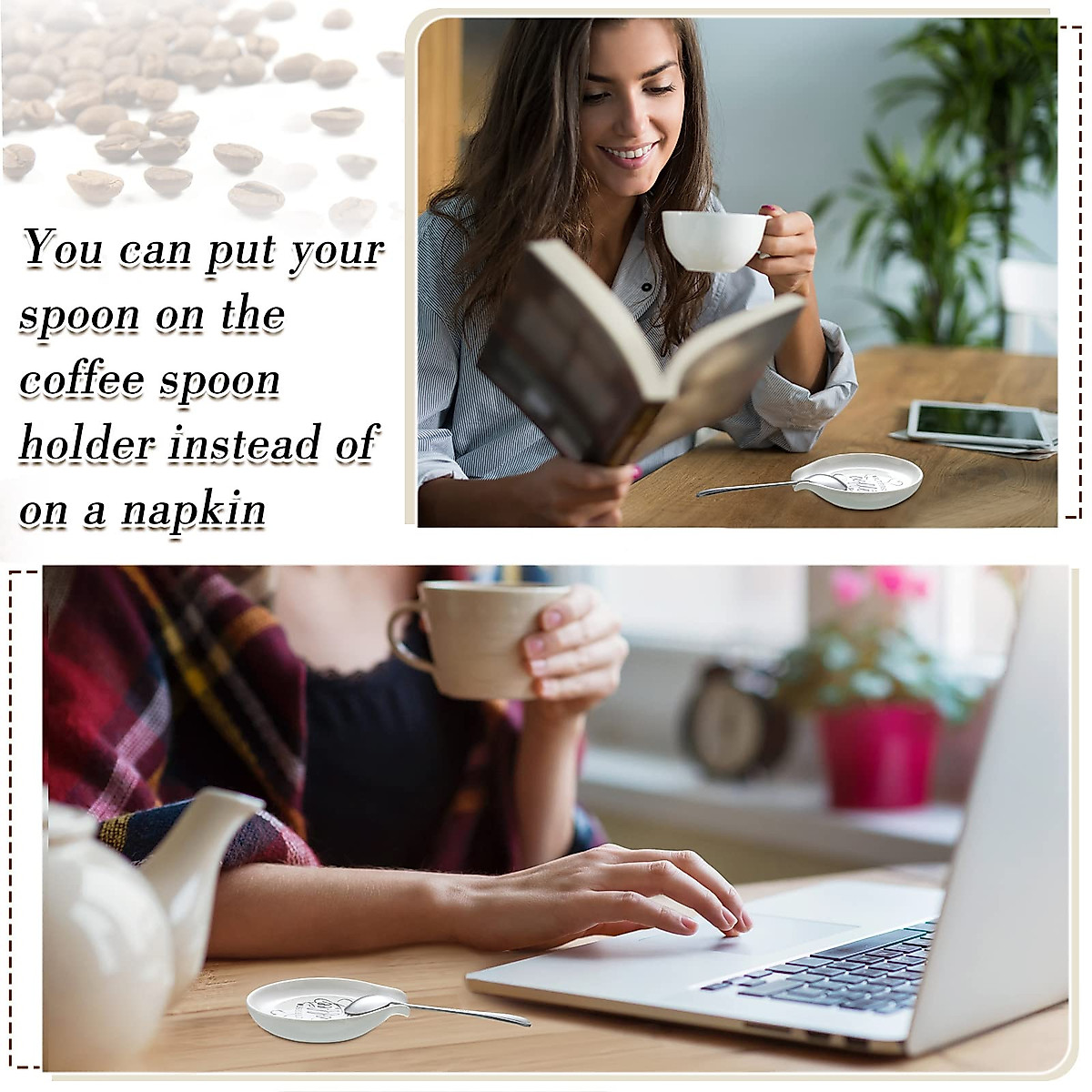 Gandeer 4 Pieces Coffee Spoon Rest and Spoon Funny Coffee Quote Ceramic Coffee Spoon Holder Rests for Coffee Station Decor Stove Top Countertop Kitchen Accessories Nice Present for Coffee Lovers