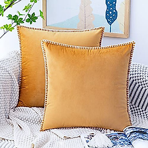 GAWAMAY Set of 2 Fall Decorative Solid Soft Velvet Gold Throw Pillow Covers with Chenille Edge Boho Accent Square Green Cushion Case for Couch Sofa Living Room Beding Outdoor 16 x 16 Inch (40x40cm)