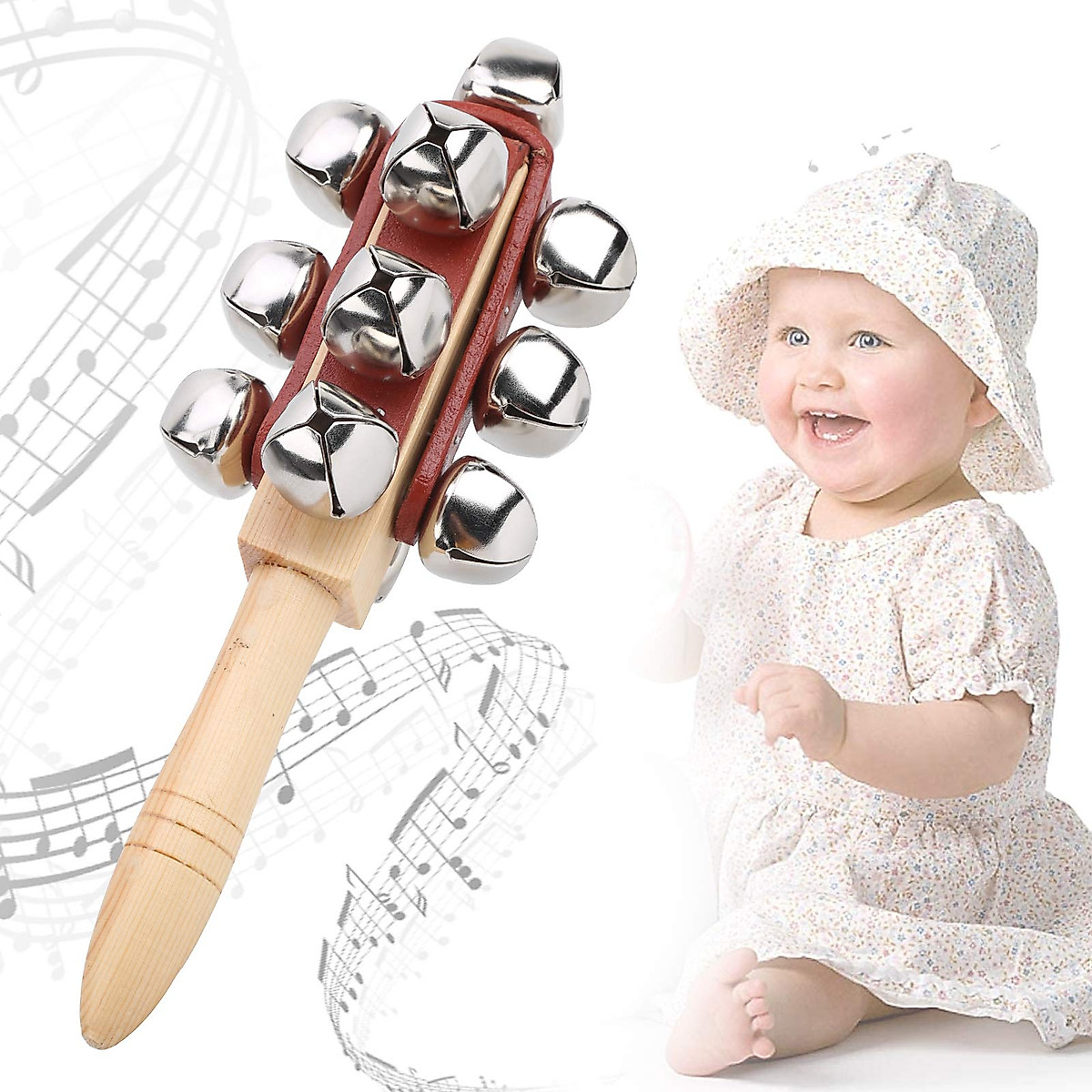 Tomotato Wooden Jingle Hand Bells, Sleigh Bell Stick Handheld Jingles Bells 13 Bell Sleigh Sticks PU Leather Stainless Steel Jingle Bells Stick for Parties Dancing Concerts