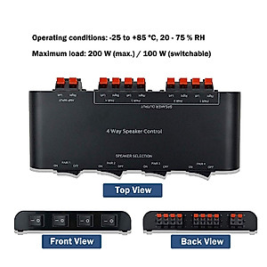 A ADWITS 4-Channel Speaker Switcher Selector Box with Terminal Claps 200W RMS Max 100W Switchable, Black
