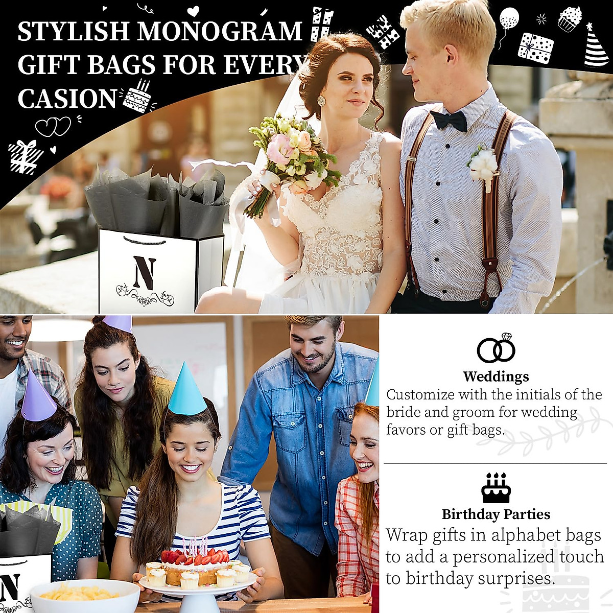 Letter Gift Bag with Wrapping Tissue for Men Women Boy Girl, 12" Large White Black Paper Bag for Birthday Anniversary Baby Shower Wedding Party - Single N