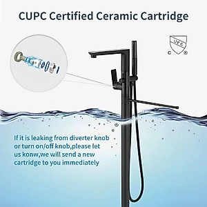 RUMOSE Tub Filler Freestanding Bathtub Faucet with 12.2 Inches Towel Bar Matte Black Floor Mount Tub Faucet Swivel Spout High Flow Bathtub Filler with Handheld Sprayer, Towel Rack