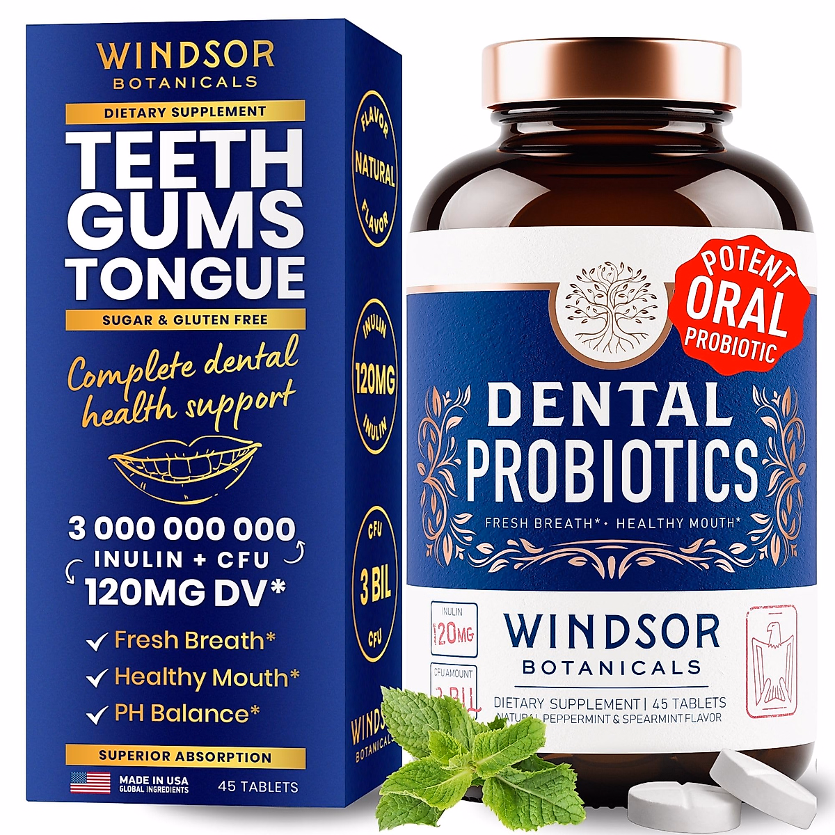 Oral Probiotics for Teeth and Gums - 3BN CFU Lactobacillus Salivarius Acidophilus Rhamnosus Streptococcus - Bad Breath Treatment for Adults - 45 Chewable Mint Dental Probiotic Tablets for Women & Men