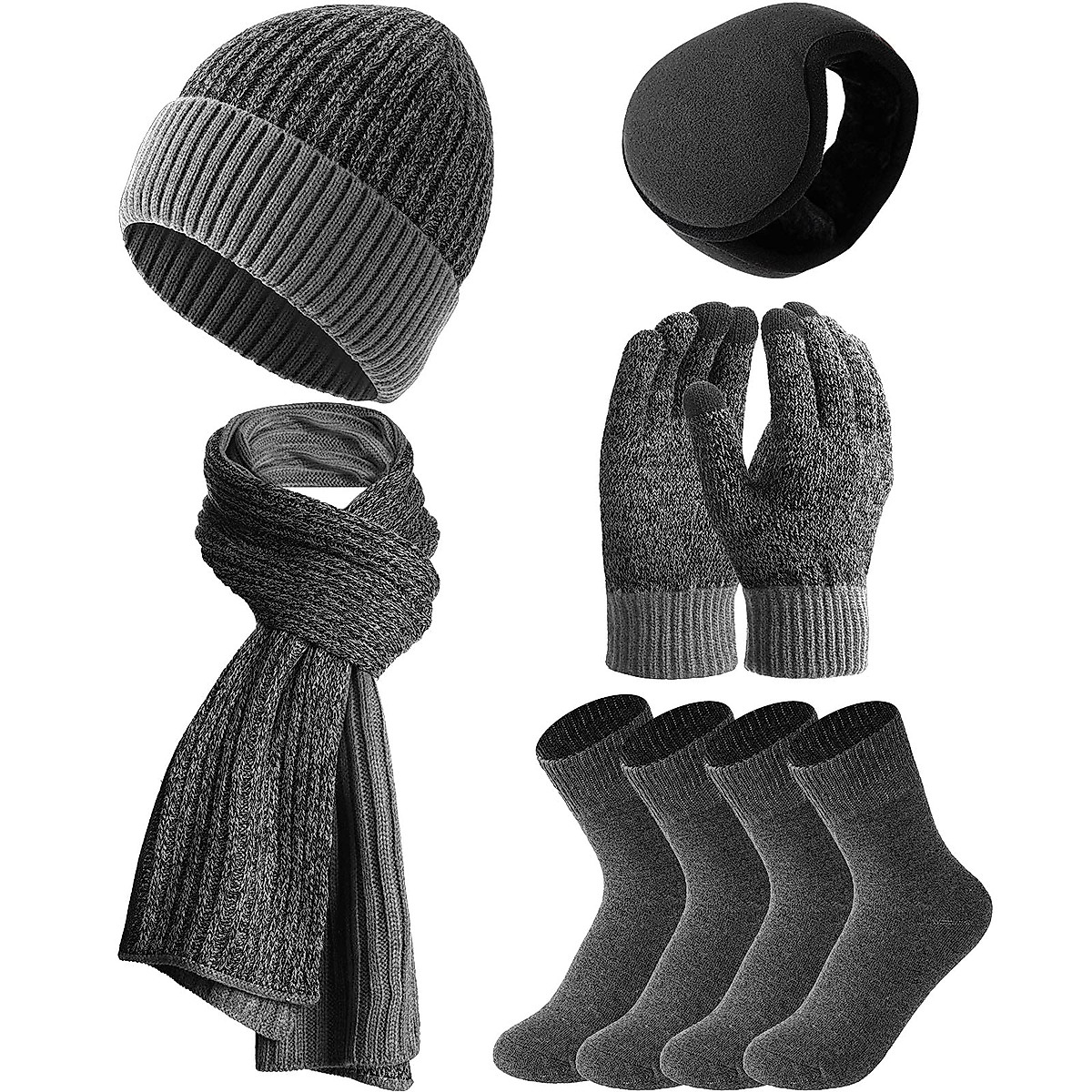 SATINIOR Winter Hat Scarf Socks Touch Screen Gloves Ear Warmer Sets Women Men Fleece Lined Knit Beanies Winter Favor Gifts(Grey)