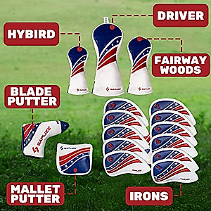 SAPLIZE Golf Club Head Covers Fits Driver Fairway Wood and Hybrid, Premium PU Leather Golf Headcovers for Clubs Protector, Embroidered Stars and Stripes Flag Design