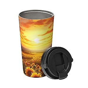 GTKSYNVE Reusable Coffee Mug with Lid and Handle, Dreamlike Sunset Of A Sunflower Field Tumbler for Hot & Cold Drinks 16oz Stainless Steel Insulated Coffee Tumblers Double Wall Vacuum Thermal Cup