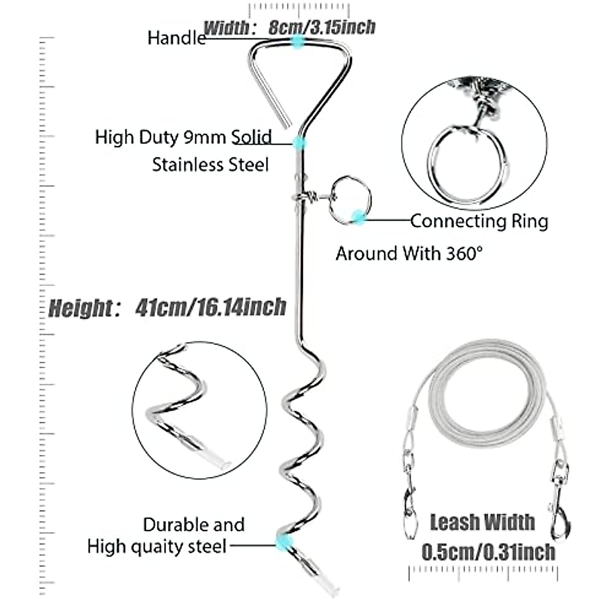 Darkyazi Dog Stake Tie Out Cable and Reflective Stake 16 ft Outdoor, Yard and Camping, for Medium to Large Dogs Up to 125 lbs (16ft Cable, 18" Stake, Silver)