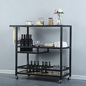 Bar and Serving Cart Industrial & Modern Rustic Rolling Bar and Serving Cart,3-Tiered Wood & Metal Kitchen Bar Cart Island with Wheels,Move Storage Coffee/Wine Island Shelf,Black