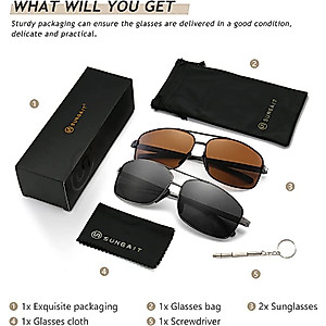 SUNGAIT Ultra Lightweight Rectangular Polarized Sunglasses UV400 Protection (Black Frame Brown Lens+Gunmetal Frame Gray Lens)