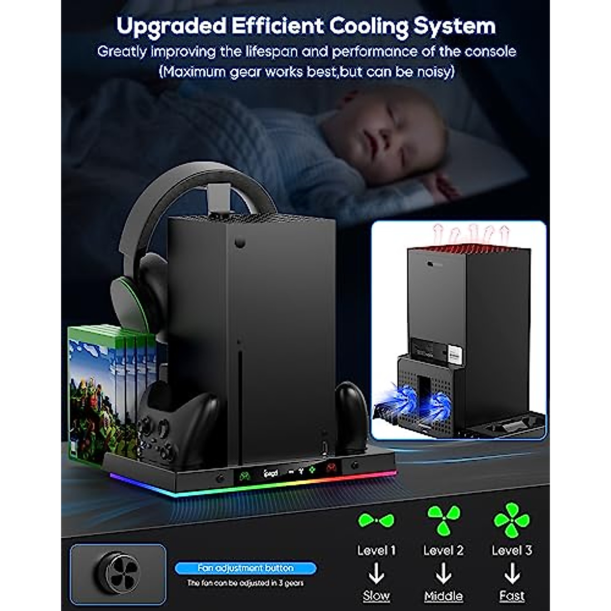 Upgraded RGB Cooling Fan Charging Station for Xbox Series X Console & Controller, Wireless Dual Charger Dock & Cooler System Stand with 15 Colorful Light Modes for Xbox Series X & Accessories Storage