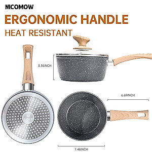 NICOMOW Non-Stick Pan with Lid, Sauce Pan with PTFE Granite Coating,Multi-Purpose,Non-Slip Handle,Induction Support,PFOA-Free