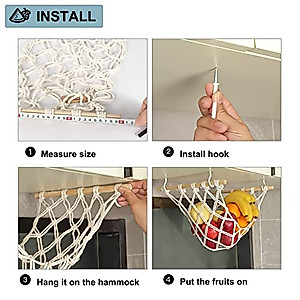 Hanging Fruit Hammock Under Cabinet，Macrame Handwoven Boho Veggie and Fruit Hammock Fruit Holder Net Hanging Kitchen Storage，Includes Banana Hanger And Hook，Saves Counter Space at Home，Boat，or Rv