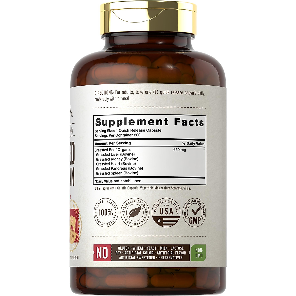 Carlyle Grass Fed Beef Organ Complex | 200 Capsules | Pasture Raised, Grain Free Supplement | with Desiccated Liver, Kidney, Pancreas, Heart, Spleen | Non-GMO, Gluten Free | by Herbage Farmstead