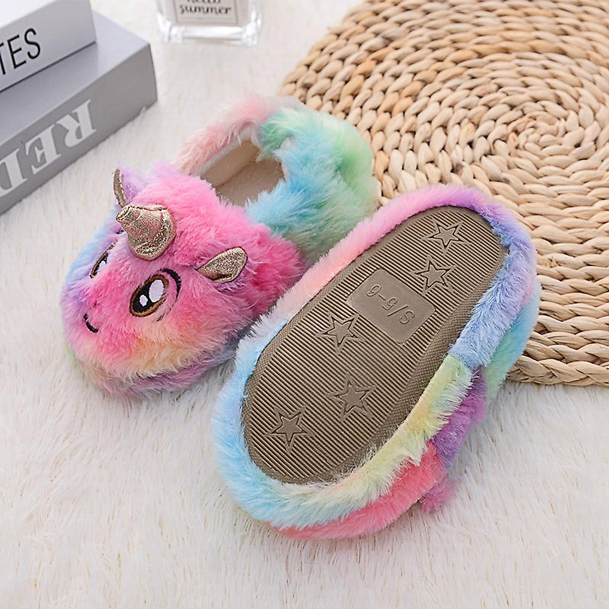 eccbox Toddler Boys Girls Cute Slippers Unicorn Fluffy Fuzzy Winter Warm Slippers Cartoon Animal Plush Indoor House Slip-on Shoes (Pink Unicorn, numeric_9)