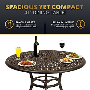 Kinger Home Harmon 5-Piece Cast Aluminum Outdoor Dining Set for 4 with Cushions - Elegant Round Patio Table and Chairs with Umbrella Hole, Bronze