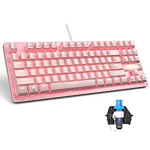Anivia Mechanical Gaming Keyboard, MK1 Wired LED Backlit Keyboard with 87 Keys Compact Computer Keyboard for Mac PC Laptop, Cute Pink Keyboard - Blue Switches