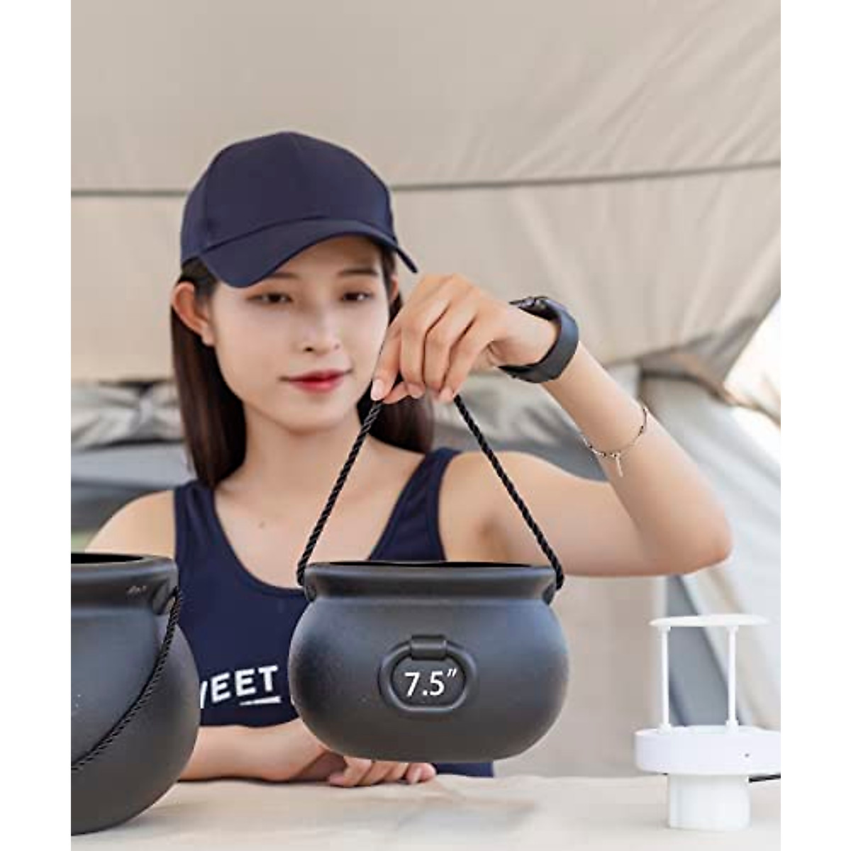 GLOCAMPING 7.5” Black Plastic Candy Cauldron Kettle, Plant Pot, Candy Holder, Halloween Party Favor Decoration