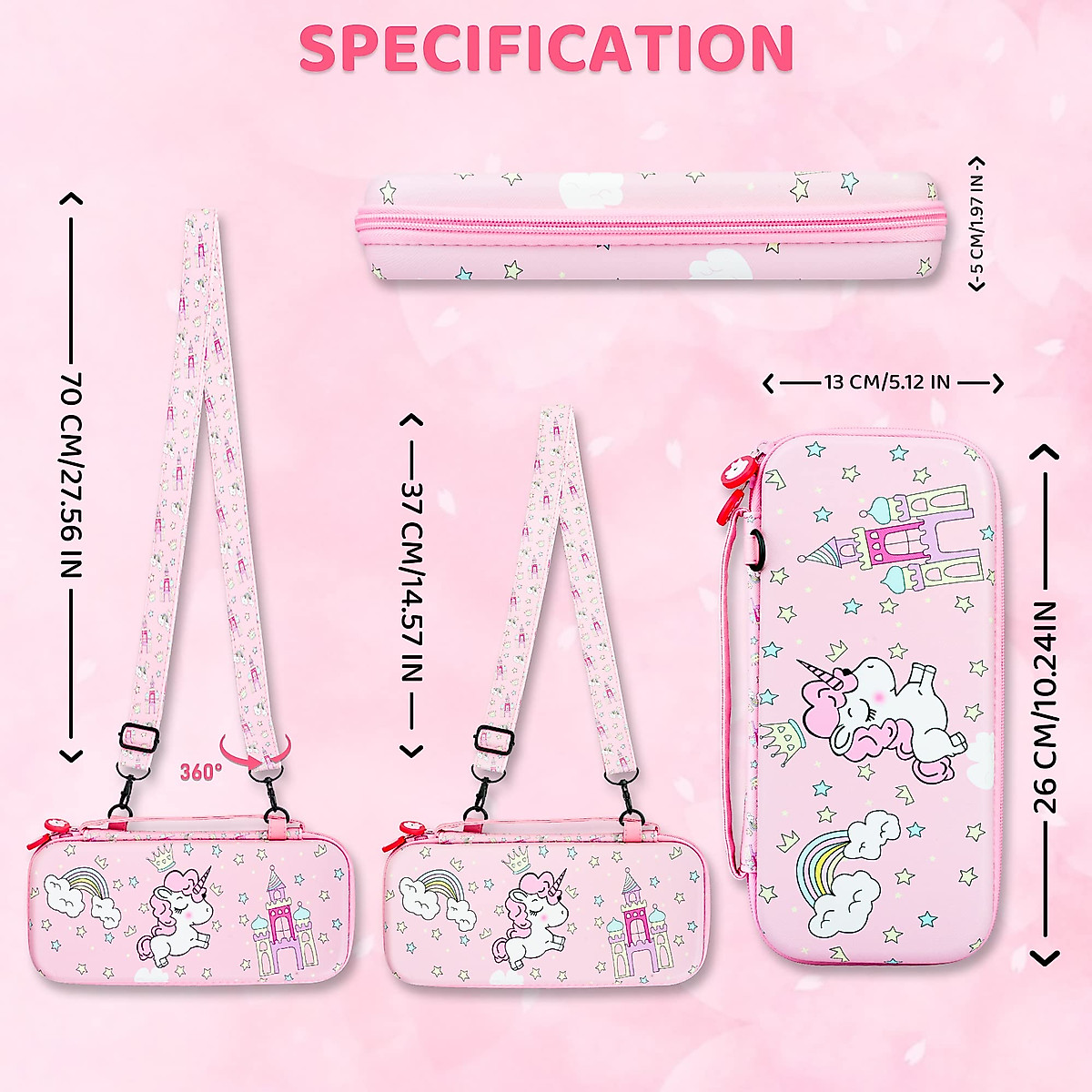 FANPL Carrying Case for Nintendo Switch & OLED Mode, Pink Cute Unicorn Travel Hard Protectiv Cover for Switch with Games Case