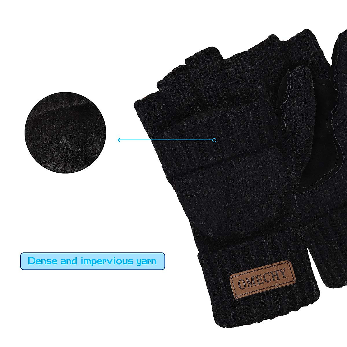 OMECHY Winter Knitted Fingerless Wool Gloves Thermal Insulation Warm Convertible Mittens Flap Cover for Men Women