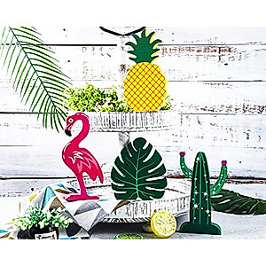 Summer Wooden Signs Hawaii Luau Party Wooden Blocks Summer Home Decorations Tropical Cactus Flamingo Pineapple Monstera Wood Table Centerpiece for Summer Home Table Luau Party, 4 PCS