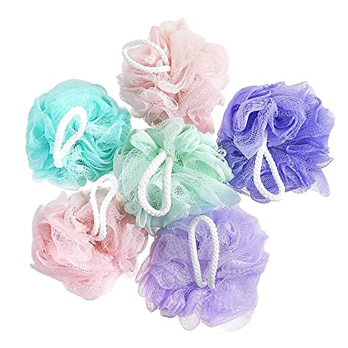 Nicole Miller Loofah Sponge Set | Exfoliating Bath & Shower Poufs Body Scrubber, 6 Pack, with Mesh Bag (Pastels)
