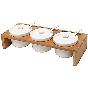 MyGift Wooden Condiment Set, Ceramic Dip Bowls, Sauce Ramekins 3 Piece Set with Lids and Spoons on Bamboo Raised Display Serving Tray