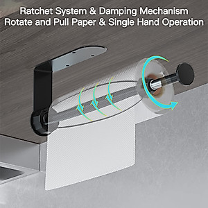 CYY Paper Towel Holder, Single Hand Operable Paper Towel Holder Under Cabinet with Damping Effect Adhesive Wall Mount Paper Towel Holder for Bathroom Kitchen Black