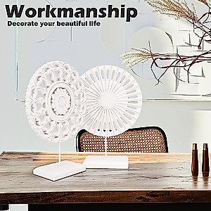 AXEARTE Wooden Carved Cutout Sector Medallion Sculpture 2 Pack, Rustic Distressed White MDF Statues Home Tabletop Decor, Decorative Ornaments for Living Room, Bedroom, Office Desktop, Cabinets
